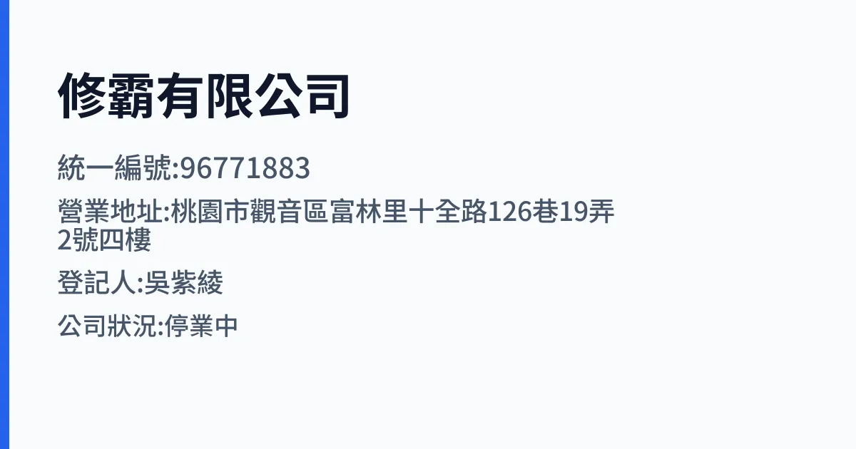 修霸有限公司 - 統編 96771883(桃園市) 公司登記資料與營業項目詳細圖表