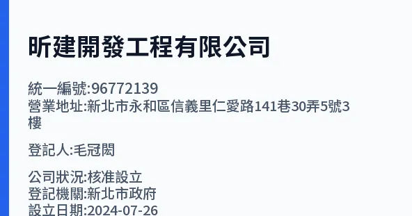 昕建開發工程有限公司的照片-統編 96772139(新北市) 公司登記資料與營業項目詳細圖表