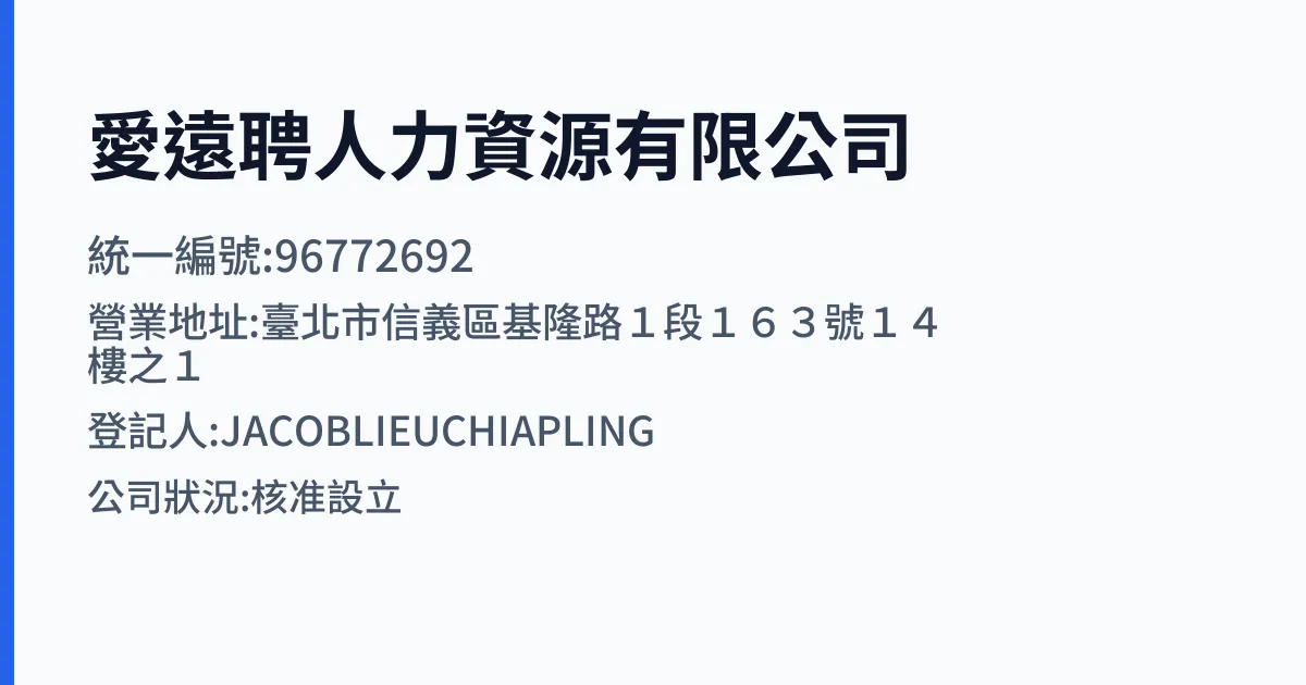 愛遠聘人力資源有限公司 - 統編 96772692(臺北市) 公司登記資料與營業項目詳細圖表