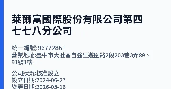 萊爾富國際股份有限公司第四七七八分公司的照片-統編 96772861(臺中市) 公司登記資料與營業項目詳細圖表