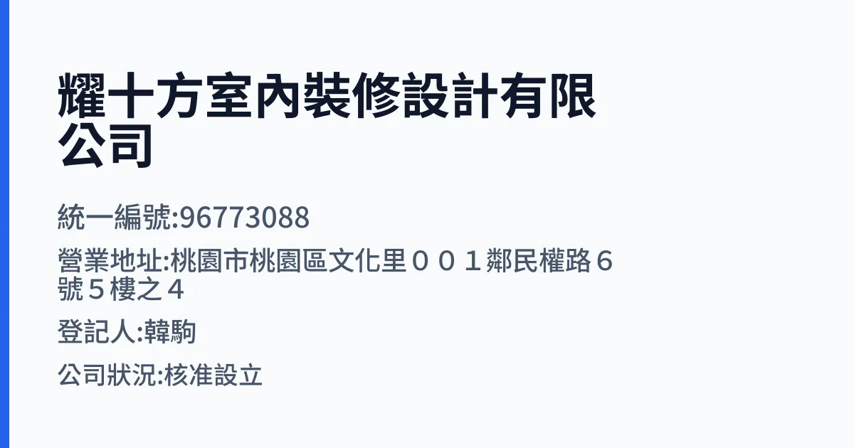 耀十方室內裝修設計有限公司 - 統編 96773088(桃園市) 公司登記資料與營業項目詳細圖表