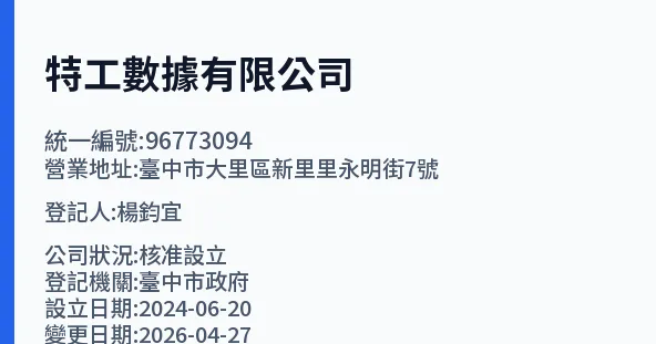 特工數據有限公司的照片-統編 96773094(臺中市) 公司登記資料與營業項目詳細圖表