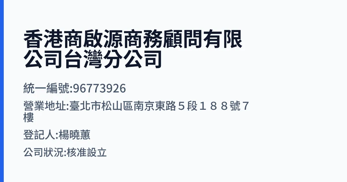 香港商啟源商務顧問有限公司台灣分公司 - 統編 96773926(臺北市) 公司登記資料與營業項目詳細圖表