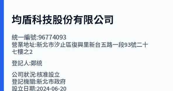 均盾科技股份有限公司的照片-統編 96774093(新北市) 公司登記資料與營業項目詳細圖表