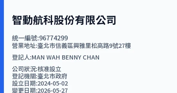 智動航科股份有限公司的照片-統編 96774299(臺北市) 公司登記資料與營業項目詳細圖表