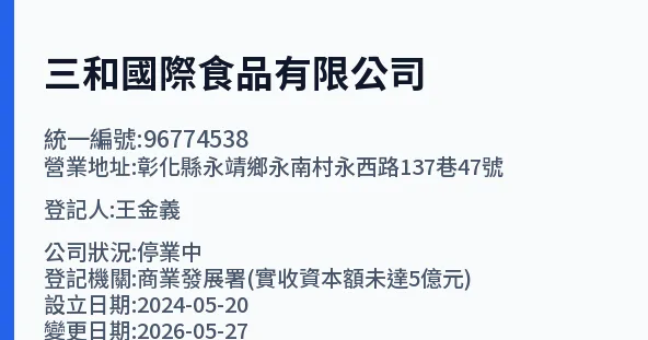 三和國際食品有限公司的照片-統編 96774538(彰化縣) 公司登記資料與營業項目詳細圖表