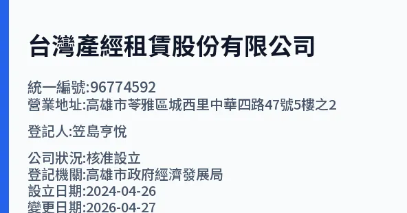 台灣產經租賃股份有限公司的照片-統編 96774592(高雄市) 公司登記資料與營業項目詳細圖表