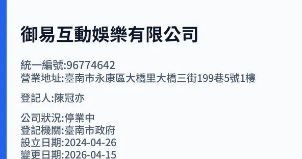 御易互動娛樂有限公司 - 統編 96774642(臺南市) 公司登記資料與營業項目詳細圖表