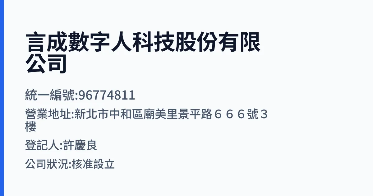 言成數字人科技股份有限公司 - 統編 96774811(新北市) 公司登記資料與營業項目詳細圖表