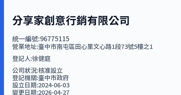 分享家創意行銷有限公司的照片-統編 96775115(臺中市) 公司登記資料與營業項目詳細圖表