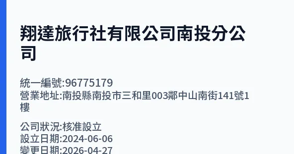 翔達旅行社有限公司南投分公司的照片-統編 96775179(南投縣) 公司登記資料與營業項目詳細圖表