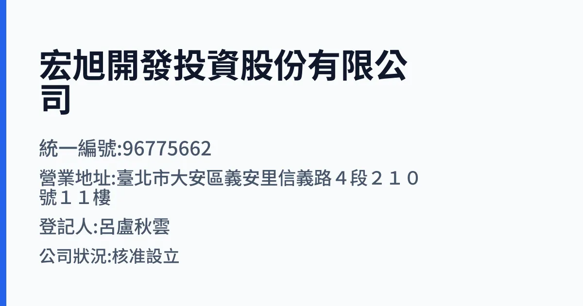 宏旭開發投資股份有限公司 - 統編 96775662(臺北市) 公司登記資料與營業項目詳細圖表