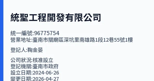 統聖工程開發有限公司的照片-統編 96775754(臺南市) 公司登記資料與營業項目詳細圖表