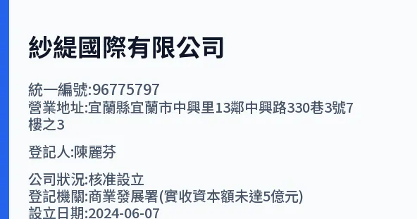 紗緹國際有限公司的照片-統編 96775797(宜蘭縣) 公司登記資料與營業項目詳細圖表