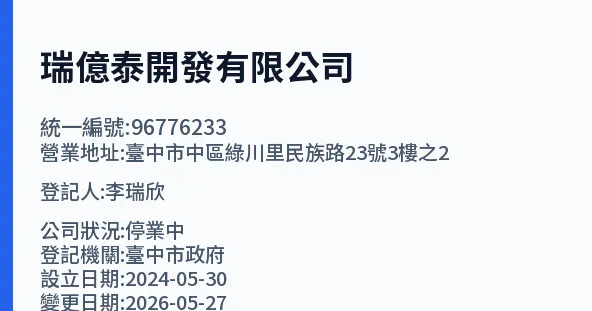 瑞億泰開發有限公司的照片-統編 96776233(臺中市) 公司登記資料與營業項目詳細圖表
