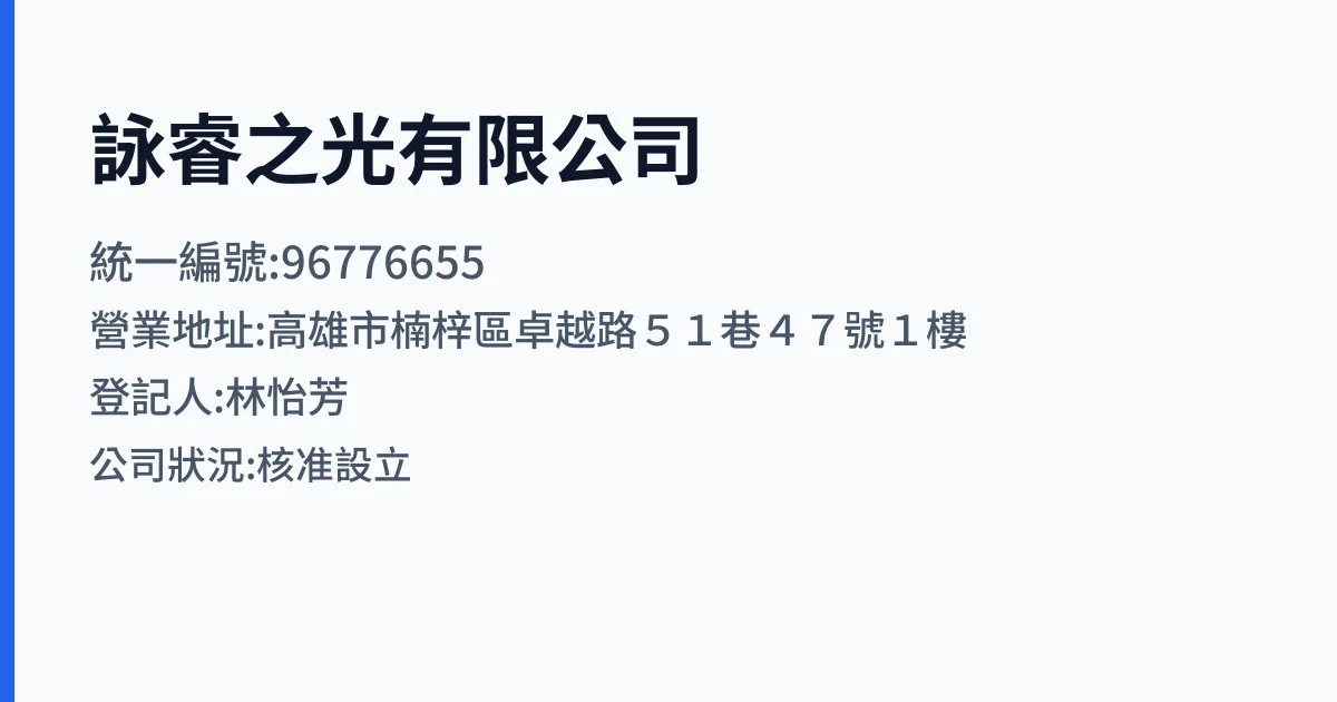 詠睿之光有限公司 - 統編 96776655(高雄市) 公司登記資料與營業項目詳細圖表
