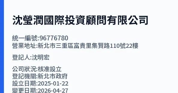 沈瑩潤國際投資顧問有限公司的照片-統編 96776780(新北市) 公司登記資料與營業項目詳細圖表