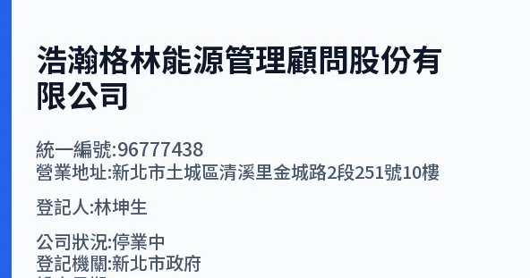 浩瀚格林能源管理顧問股份有限公司的照片-統編 96777438(新北市) 公司登記資料與營業項目詳細圖表