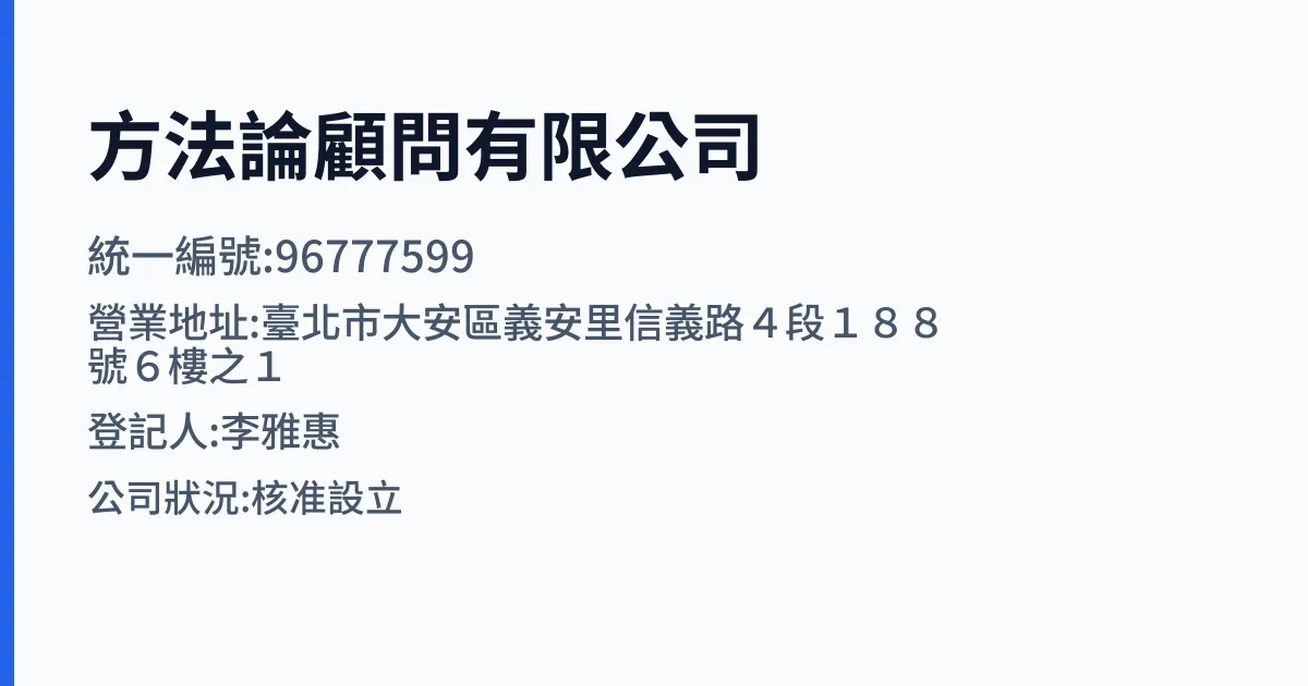 方法論顧問有限公司 - 統編 96777599(新北市) 公司登記資料與營業項目詳細圖表
