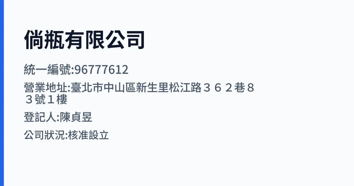 倘瓶有限公司 - 統編 96777612(臺北市) 公司登記資料與營業項目詳細圖表