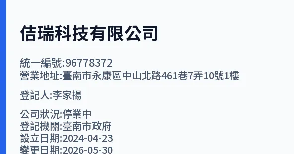 佶瑞科技有限公司的照片-統編 96778372(臺南市) 公司登記資料與營業項目詳細圖表