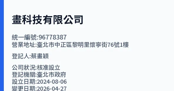 畫科技有限公司的照片-統編 96778387(臺北市) 公司登記資料與營業項目詳細圖表