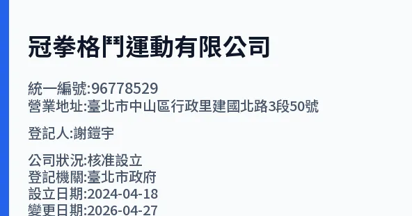 冠拳格鬥運動有限公司的照片-統編 96778529(臺北市) 公司登記資料與營業項目詳細圖表
