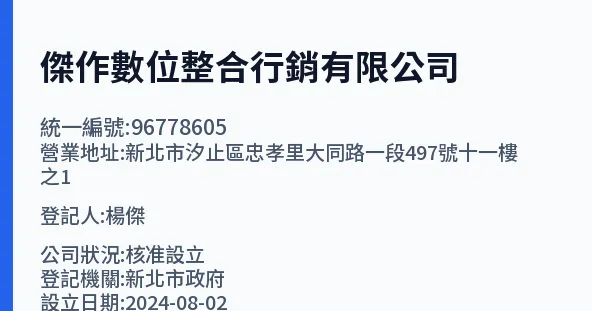 傑作數位整合行銷有限公司的照片-統編 96778605(新北市) 公司登記資料與營業項目詳細圖表