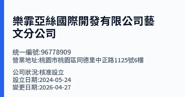 樂霏亞絲國際開發有限公司藝文分公司的照片-統編 96778909(桃園市) 公司登記資料與營業項目詳細圖表