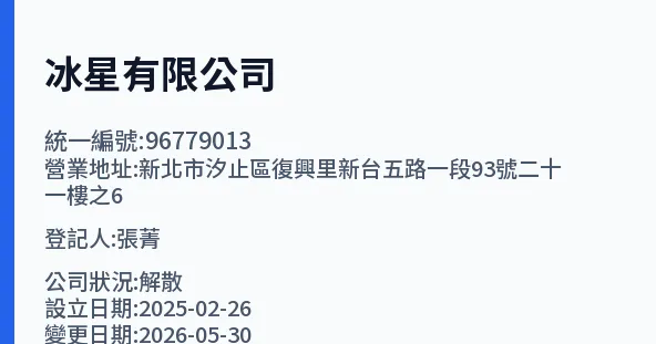 冰星有限公司的照片-統編 96779013(新北市) 公司登記資料與營業項目詳細圖表