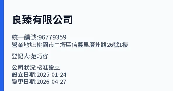 良臻有限公司的照片-統編 96779359(桃園市) 公司登記資料與營業項目詳細圖表
