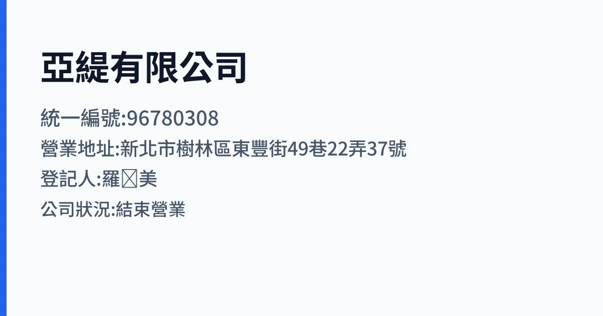 亞緹有限公司 - 統編 96780308(新北市) 公司登記資料與營業項目詳細圖表