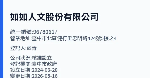 如如人文股份有限公司的照片-統編 96780617(臺中市) 公司登記資料與營業項目詳細圖表