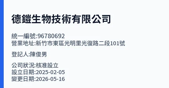 德鎧生物技術有限公司的照片-統編 96780692(新竹市) 公司登記資料與營業項目詳細圖表