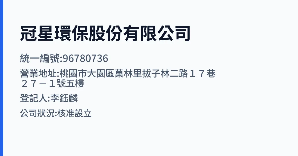 冠星環保股份有限公司 - 統編 96780736(桃園市) 公司登記資料與營業項目詳細圖表