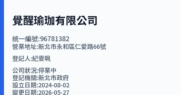 覺醒瑜珈有限公司的照片-統編 96781382(新北市) 公司登記資料與營業項目詳細圖表