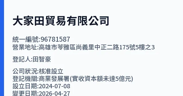 大家田貿易有限公司的照片-統編 96781587(高雄市) 公司登記資料與營業項目詳細圖表