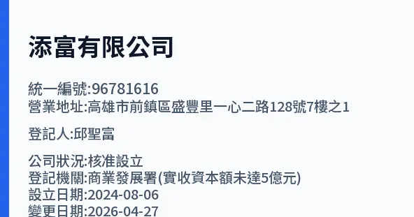 添富有限公司的照片-統編 96781616(高雄市) 公司登記資料與營業項目詳細圖表