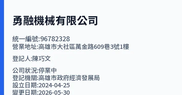 勇融機械有限公司的照片-統編 96782328(高雄市) 公司登記資料與營業項目詳細圖表