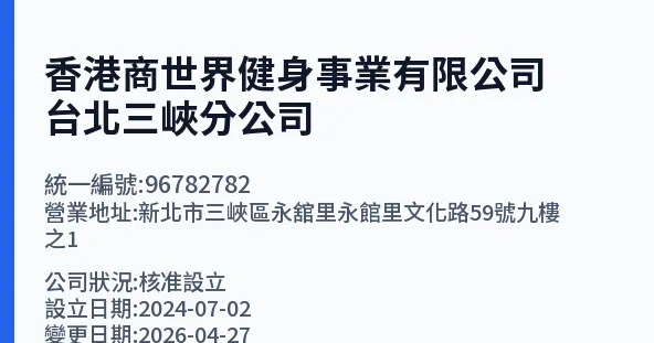 香港商世界健身事業有限公司台北三峽分公司的照片-統編 96782782(新北市) 公司登記資料與營業項目詳細圖表