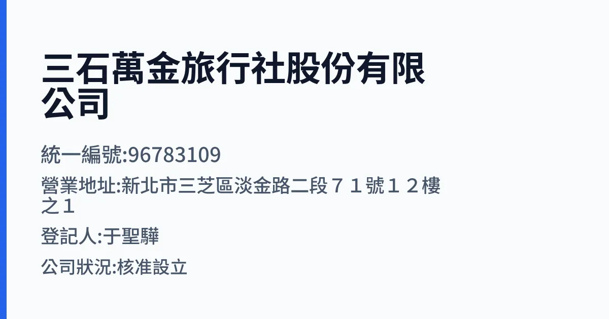 三石萬金旅行社股份有限公司 - 統編 96783109(新北市) 公司登記資料與營業項目詳細圖表