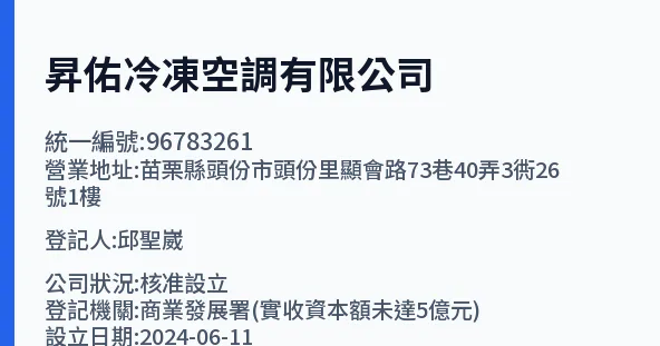 昇佑冷凍空調有限公司的照片-統編 96783261(苗栗縣) 公司登記資料與營業項目詳細圖表