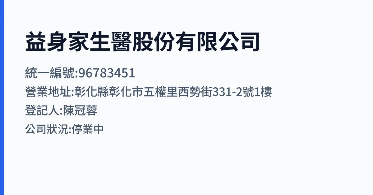 益身家生醫股份有限公司 - 統編 96783451(彰化縣) 公司登記資料與營業項目詳細圖表