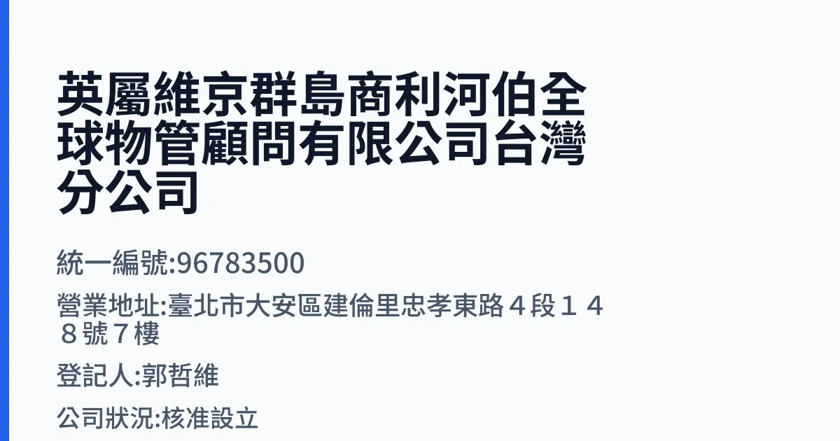 英屬維京群島商利河伯全球物管顧問有限公司台灣分公司 - 統編 96783500(臺北市) 公司登記資料與營業項目詳細圖表