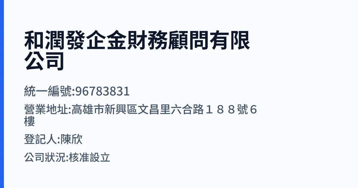 和潤發企金財務顧問有限公司 - 統編 96783831(高雄市) 公司登記資料與營業項目詳細圖表