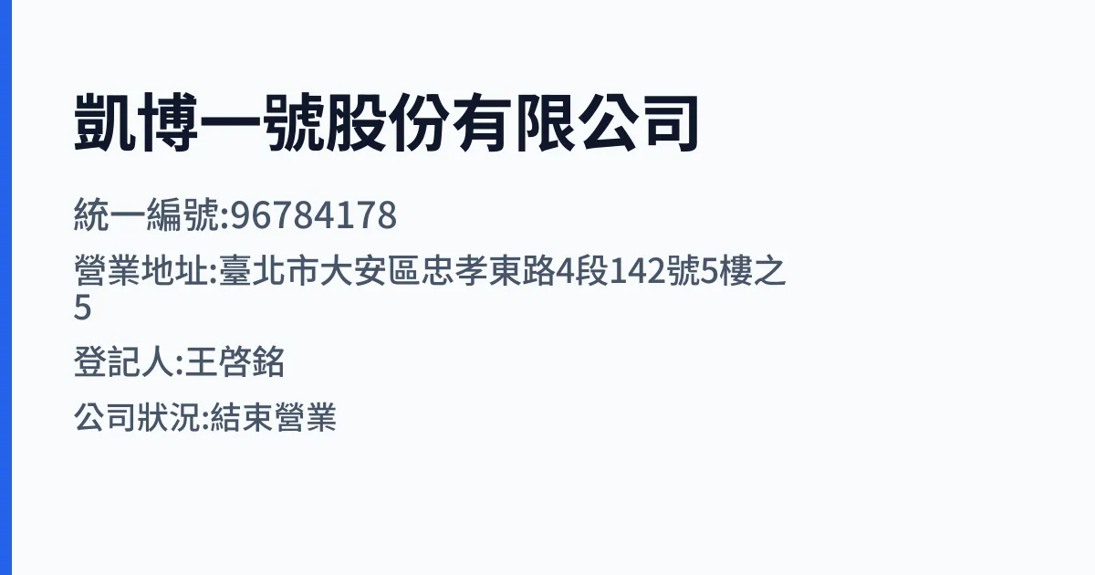 凱博一號股份有限公司 - 統編 96784178(臺北市) 公司登記資料與營業項目詳細圖表