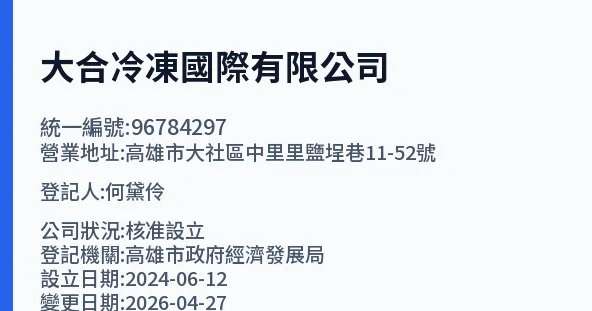 大合冷凍國際有限公司的照片-統編 96784297(高雄市) 公司登記資料與營業項目詳細圖表