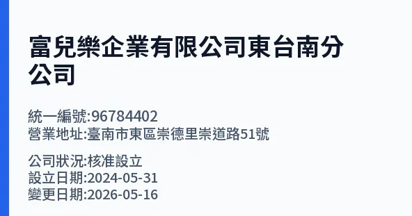 富兒樂企業有限公司東台南分公司的照片-統編 96784402(臺南市) 公司登記資料與營業項目詳細圖表