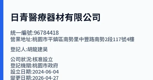 日青醫療器材有限公司的照片-統編 96784418(桃園市) 公司登記資料與營業項目詳細圖表