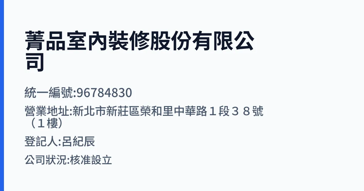 菁品室內裝修股份有限公司 - 統編 96784830(新北市) 公司登記資料與營業項目詳細圖表